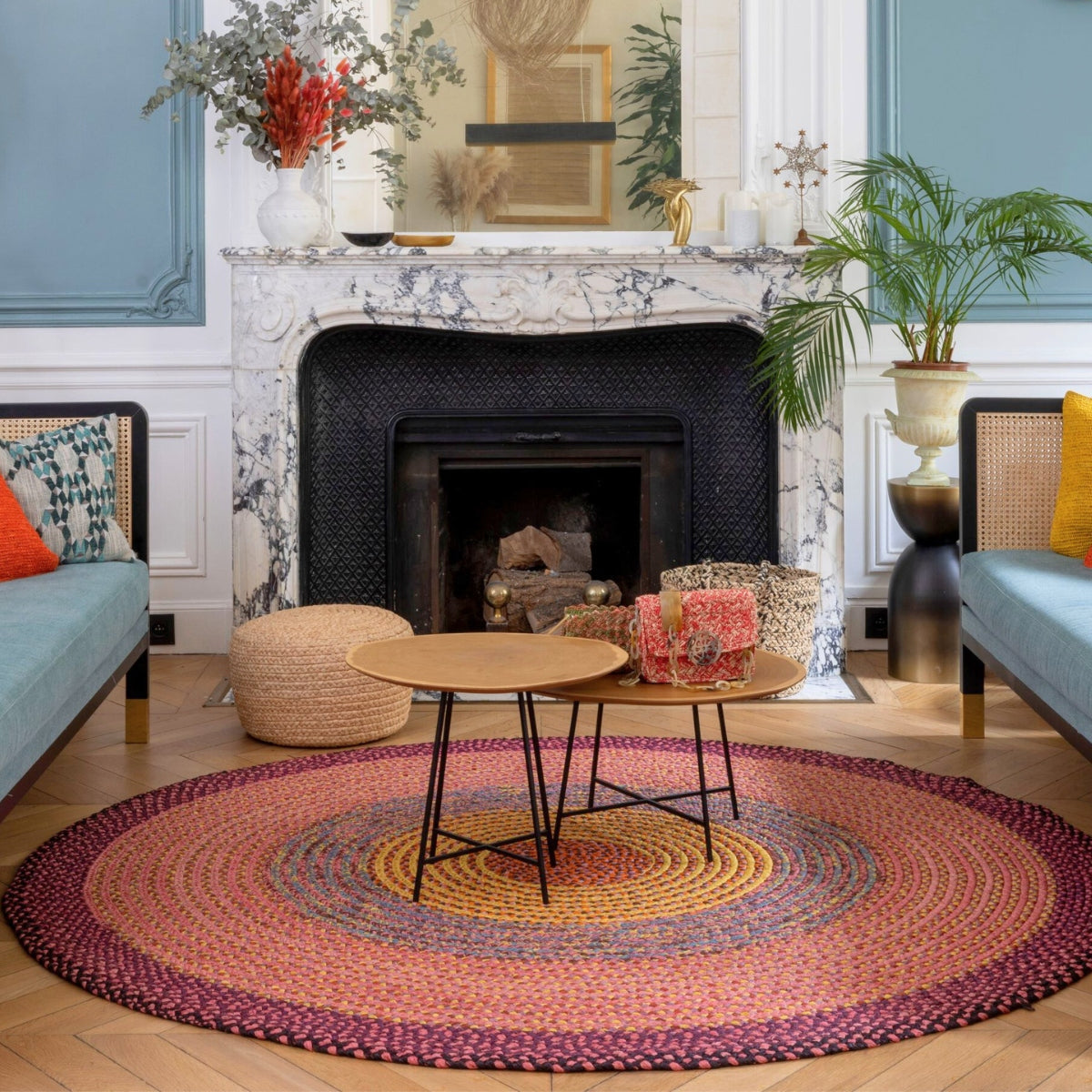 Round raffia rug pink purple – INTIMANI